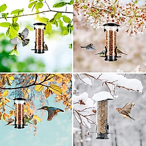 Metal Bird Feeder, Tube Bird Feeders for Outdoors Hanging, Heavy Duty Chew-Proof and Rust-Proof Tube Bird Feeder, Weatherproof & Steel Hanger, Attracting for Wild Birds (Black)