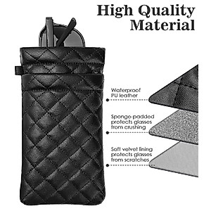 MoKo Double Eyeglasses Pouch with Carrying Strap, Soft PU Leather Large Squeeze Top Portable Sunglass Case with Cleaning Cloth for Women Men, Black