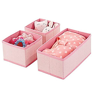 mDesign Fabric Drawer Divider Organizer Bins, Nursery/Bedroom Dresser, Closet, Shelf, Playroom Organization, Hold Clothes, Toys, Diapers, Bibs, Lido Collection, Set of 3, 4 Pack, Pink Herringbone