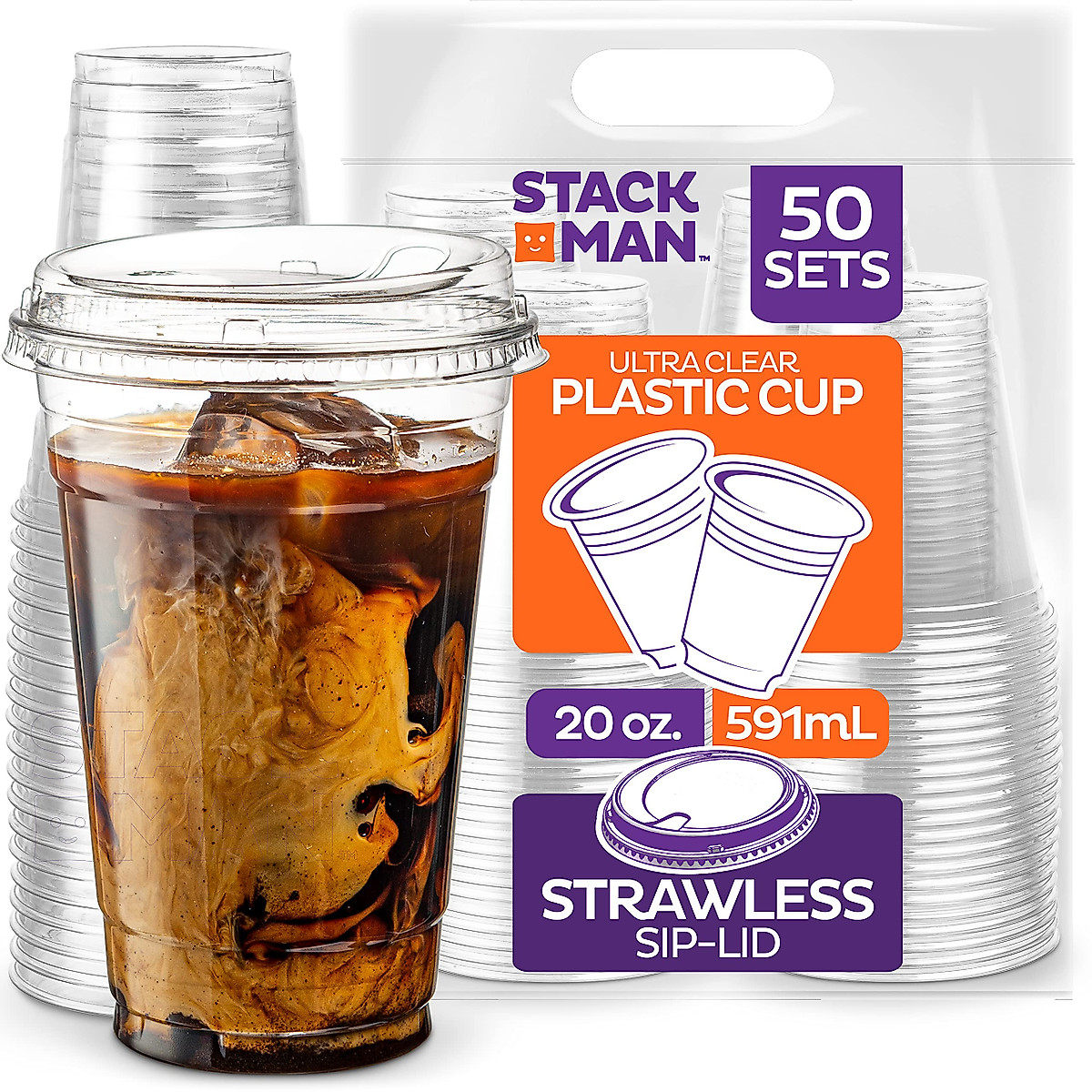 20 oz. Clear Cups with Strawless Sip-Lids, [50 Sets] PET Crystal Clear Disposable 20oz Plastic Cups with Lids