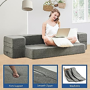 ILPEOD Floor Sofa Bed Futon Couch, Fold Out Couch Bed, Full Size 8 Inch Memory Foam Folding Sofa Bed Couch, Sleeper Convertible Mattress and Frame for Bedrooms Living Room Gaming Bed, Grey