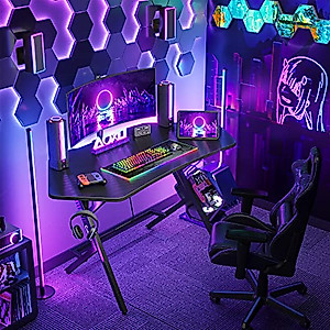 CubiCubi Luna Gaming Desk 47 inch Gamer Workstation, Home Computer Carbon Fiber Surface Gaming Desk PC Table with Cable Tray and Headphone Hook