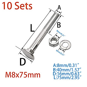 10 Sets Long Square-Neck Carriage Bolts Set,Carriage Bolts Set w/Nuts & Flat Washers,Zinc-Plated,Carbon Steel Grade 4.8,Plain Finish,Partial Threaded(M8-1.25X75mm)