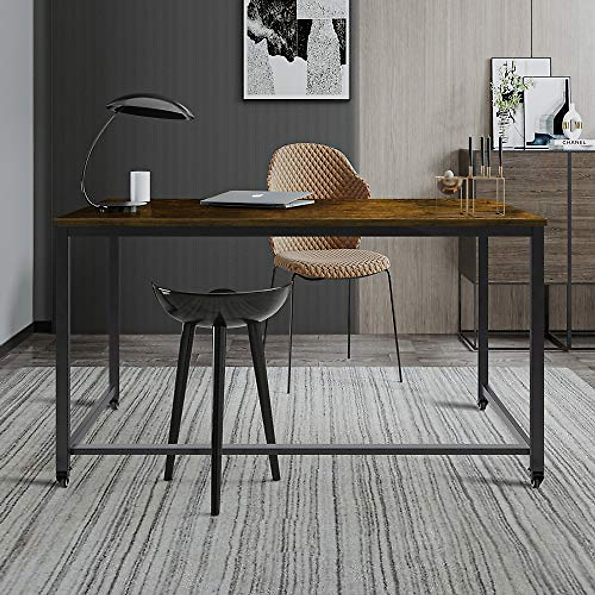 Coral Flower Computer Desk Writing Table Workstation with Durable Scratch-resistant Laminate Surface and Metal Frame, Brown