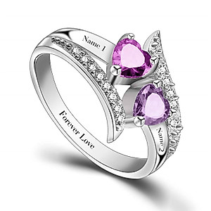 ORFANDE Personalized Promise Rings for Her with Simulated Birthstones Custom Couples Name Ring for Women Free Engraved Birthstone Ring for Birthday Anniversary Christmas (2 Stone-A)