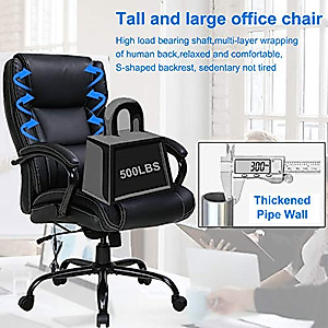 Big & Tall Heavy Duty Executive Chair 500 Lbs Heavyweight Rated Black PU Leather Task Rolling Swivel Ergonomic Executive Office Chair with Massage Lumbar Support Armrest