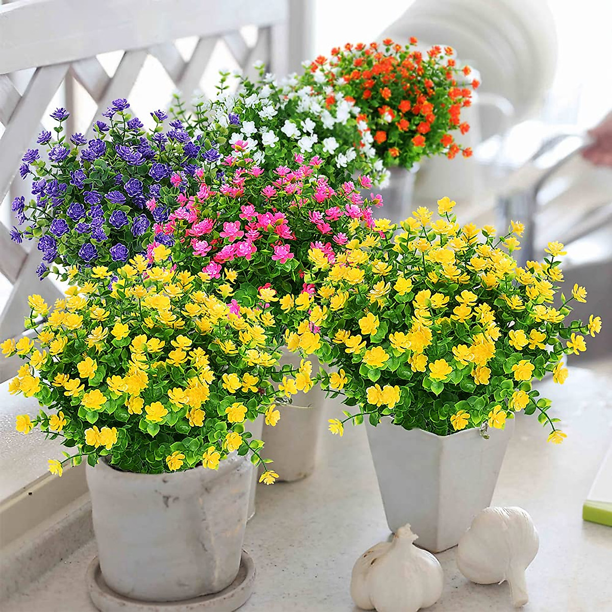 GETYARD 24 Bundles Outdoor Artificial Flowers for Decorations, No Fade Fake UV Resistant Plastic Greenery Plants for Garden Patio Porch Window Box Home Wedding Décor (Yellow)