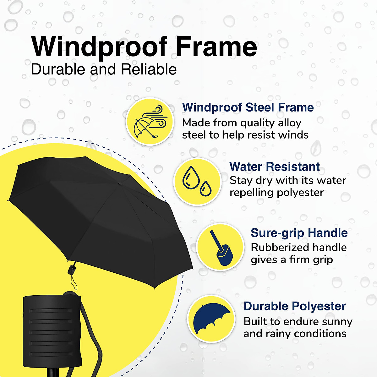 Weather Station Mini Manual Rain Umbrella, Windproof, Lightweight and Packable for Travel, Full 42 Inch Arc, Black