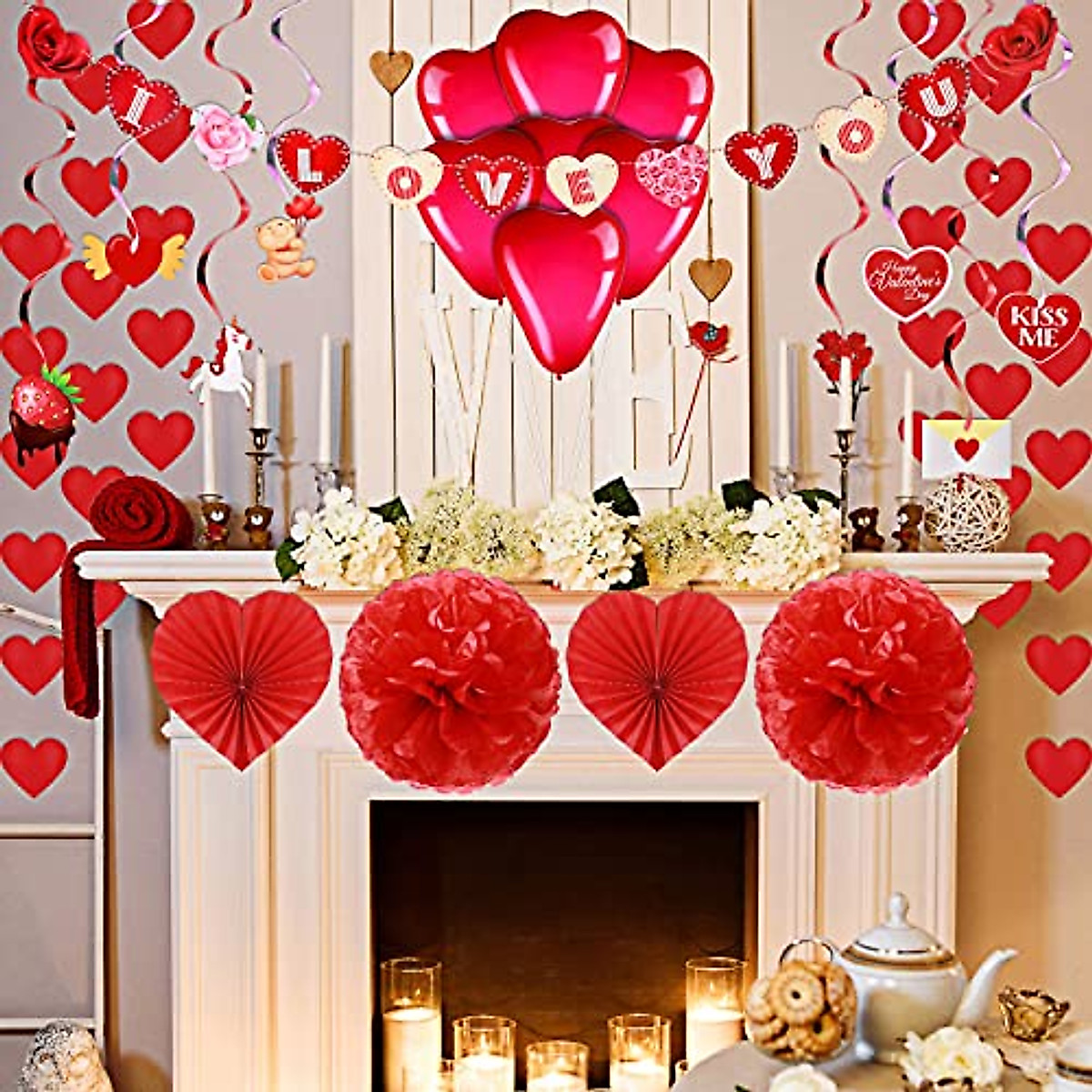 37 Pcs Valentines Day Decoration Kit, Heart Shaped Banner, 2 Tissue Fans, 2 Tissue Poms, 6 Heart String Decorations, 15 Foil Cutouts Swirls, 10 Heart Balloons and 1000 Rose Petals for Wedding Party