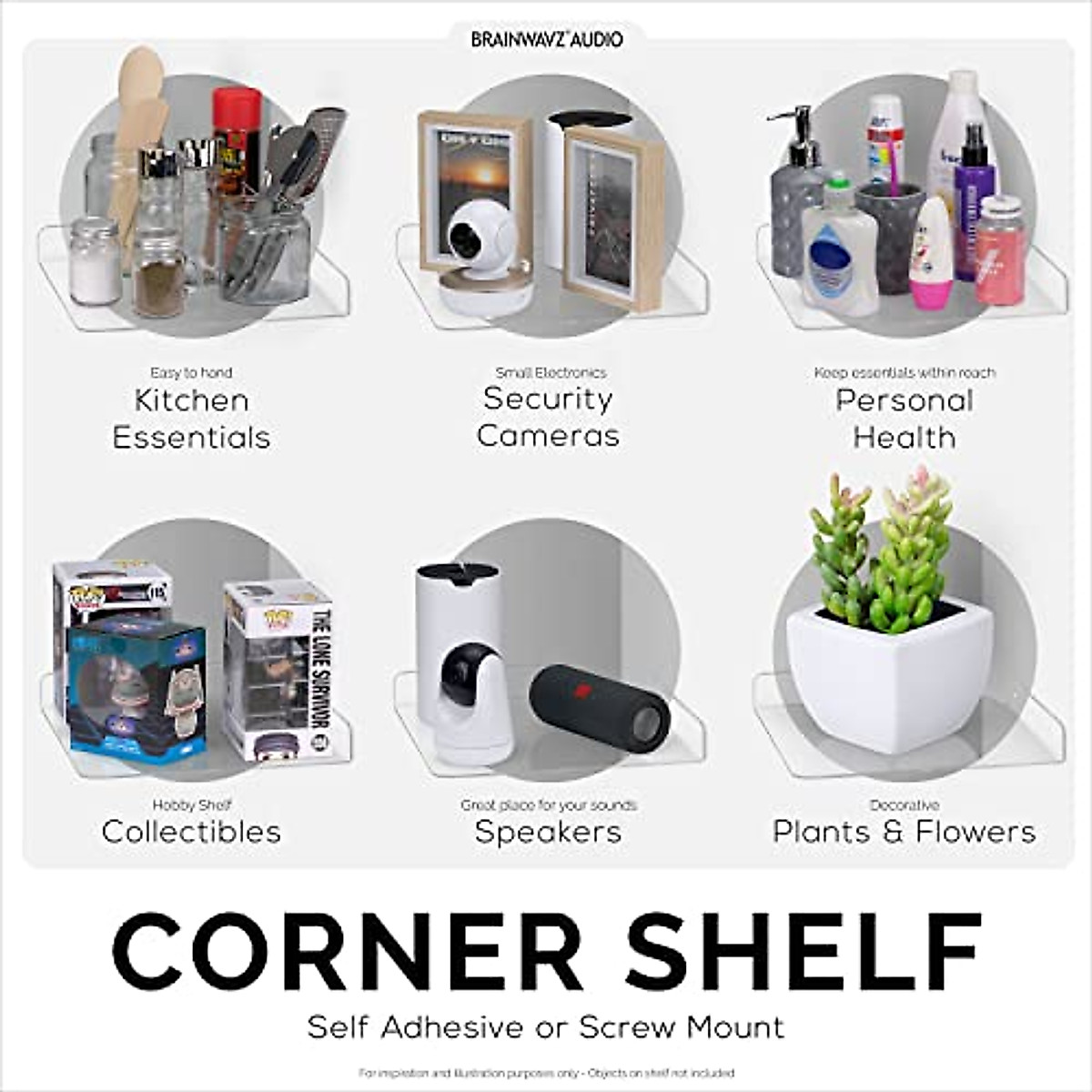 BRAINWAVZ 2-Pack 10” Corner Floating Shelf for Speakers, Books, Decor, Plants, Cameras, Photos, Kitchen, Bathroom, Routers & More Universal Small Holder Acrylic Wall Shelves (Clear)