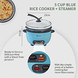 ICOOK Blue Rice Cooker 1L Grains,Oatmeal,Cereals Cooker,Rice Warmer Steamer,Small Mini Rice Cooker Removable Nonstick Pot,Full View Glass Lid,Stand Plastic Knob