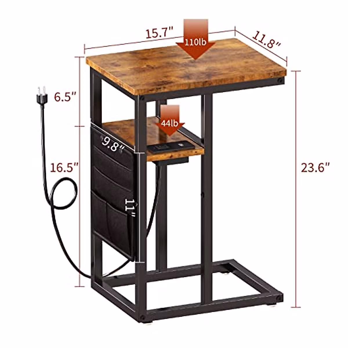 SUPERJARE C Shaped End Table with Charging Station, Side Table with Storage Bag, Couch Table, C Table with USB Port and Outlet, for Living Room, Bed Room, Rustic Brown