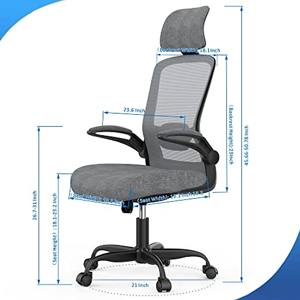 Ergonomic Office Chair, Home Office Desk Chair with Adjustable Headrest & Lumbar Support. High Back Mesh Computer Chair with Thickened Cushion &Flip-up Armrests, Task Executive Chair (Graphite)