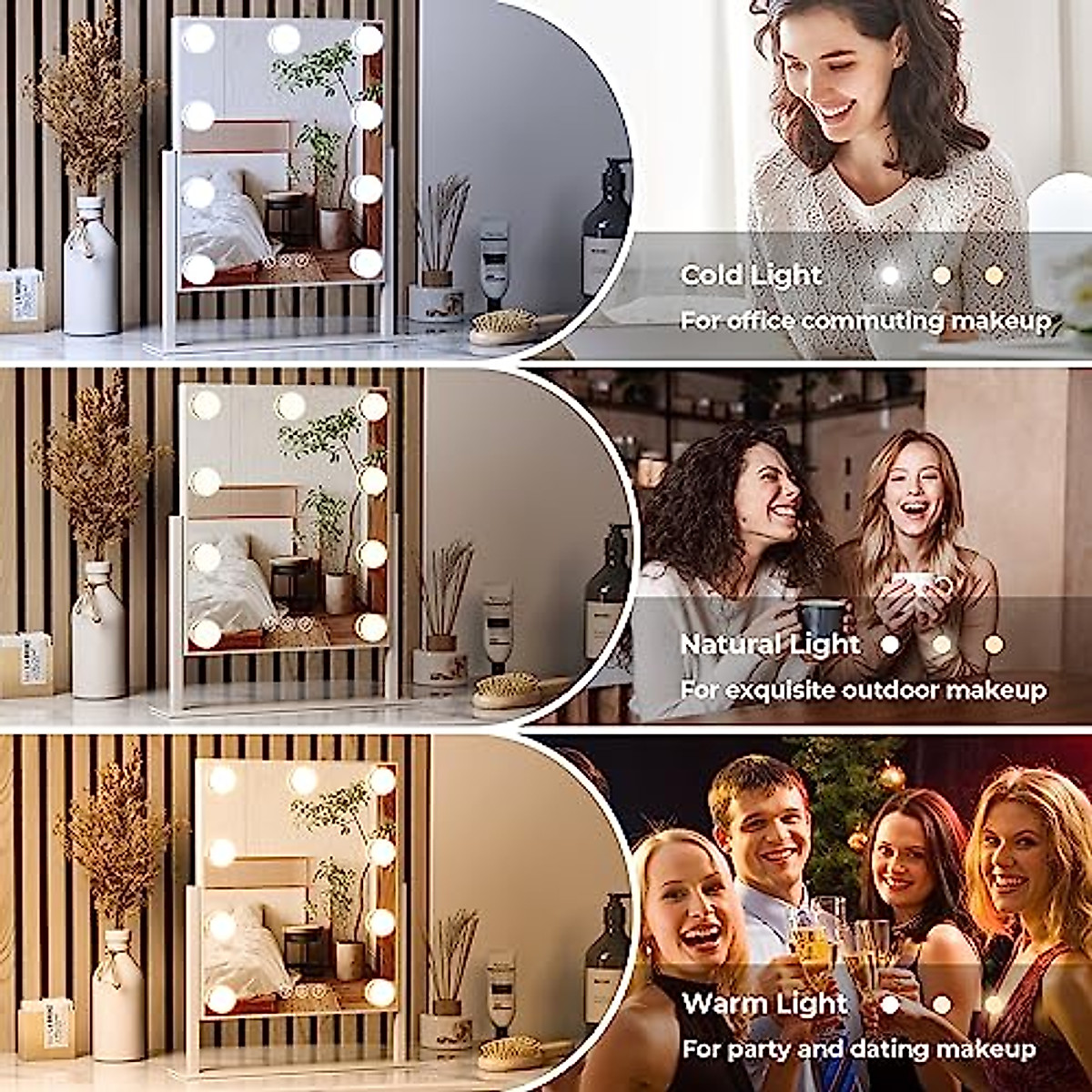 ZL ZELing Vanity Mirror with Lights,Tabletop Makeup Mirror with 9 LED Lights Smart Touch Control 3 Colors Light 360°Rotation