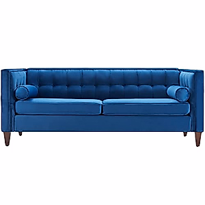 TINKLE WELL Tufted Velvet Loveseat Sofa | 58'' Upholstered with Bolster Pillows | Mid-Century Sofa Couch | Ideal for Living Room, Navy Blue