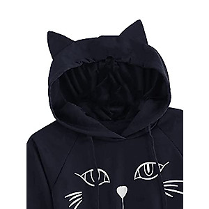 SweatyRocks Women's Long Sleeve Hoodie Crop Top Cat Print Sweatshirt Navy Blue S
