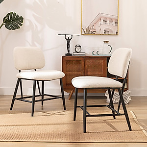 ONEVOG Mid Century Modern Dining Room Chairs, Sherpa Kitchen Chairs with Curved Back, Ivory White Chair, Upholstered Wide Seat, Comfortable Dinner Chairs Set of 2, Balck Metal Legs