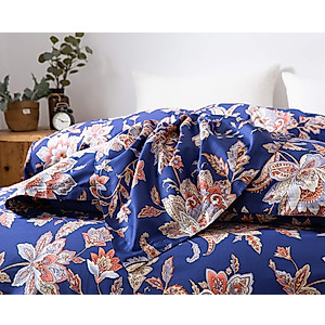 Eikei Home Luxury Jacobean Floral Garden 3 Piece Duvet Cover Set Beige Blue English Vintage Floral Pattern 100-percent Cotton (Queen)