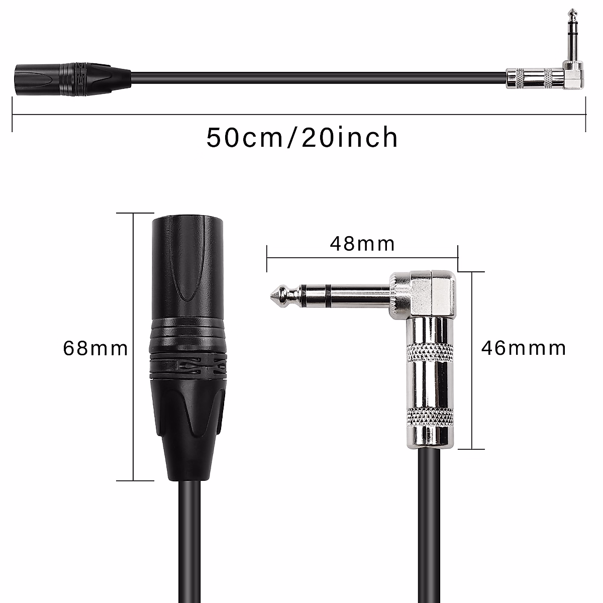 PNGKNYOCN 1/4 to XLR Cable 90 Degree Right Angle 6.35 mm TRS Male Plug to XLR Male Plug Audio Stereo Microphone Cable for Speakers, Stage, DJ and More（50cm）