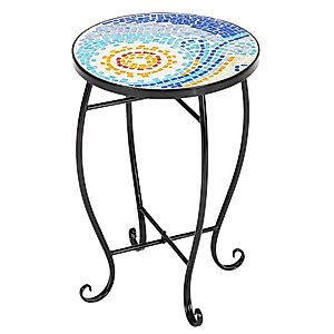 Shyneer Mosaic Outdoor Side Table, 14inch Round Small Patio Accent Table Ottoman Mosaic Bistro Table Indoor End Table for Yard, Garden, Living Room, Bistro Balcony or Lawn (Sun, 14'')