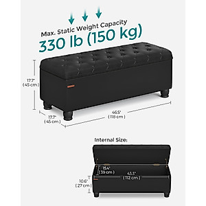 SONGMICS Storage Ottoman, Storage Bench, Tufted Entryway Bedroom Bench, 17.7 x 46.5 x 17.7 Inches, Hinges Easy Lid Operation, Wooden Legs, Synthetic Leather, Loads 330 lb, Classic Black ULOM071B01