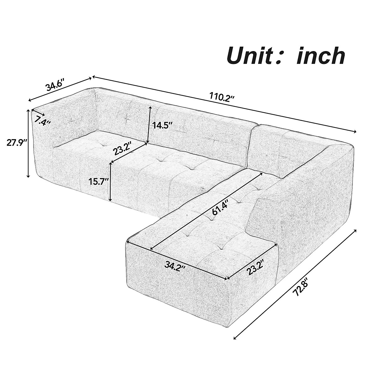 GoDoco L-Shape Modular High Density Foam Sponge Floor Sofa Couch, Upholstered Cloud Couch with Recliner、 Sectional Corner Sofa with Flexible Combinations (Dark Grey+Chenille, Style A)