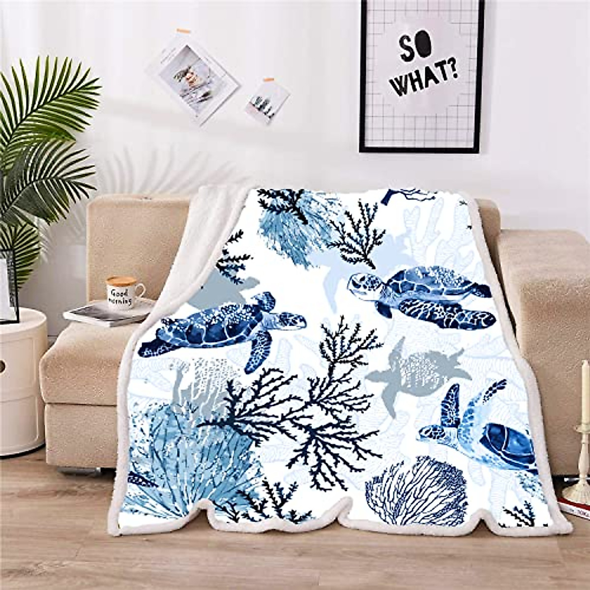 LINGXUQK Sea Turtle Fleece Throw Blanket Underwater World Sea Turtle Sea Grass Natural Watercolor Style Plush Sherpa Blanket Cozy Fluffy Blanket Sea Turtle Gifts…