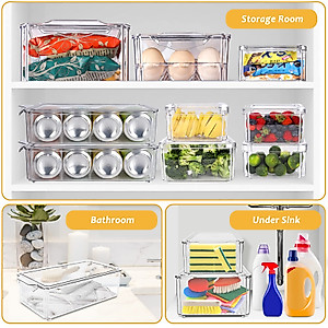 Zvonema ZNM Refrigerator Organizer Bins, 13 Pack Stackable Plastic Fridge Organizers, Storage Clear Bin with Handle for Kitchen, Freezer, Cabinet, Countertops Organization - BPA Free