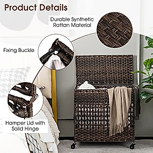 GOFLAME Laundry Hamper with Lid and Wheels, 110L Folding Synthetic Rattan Clothes Hamper with 2 Removable & Washable Liner Bags, Pulling Strap, Rolling Divided Laundry Basket for Laundry Room Bedroom