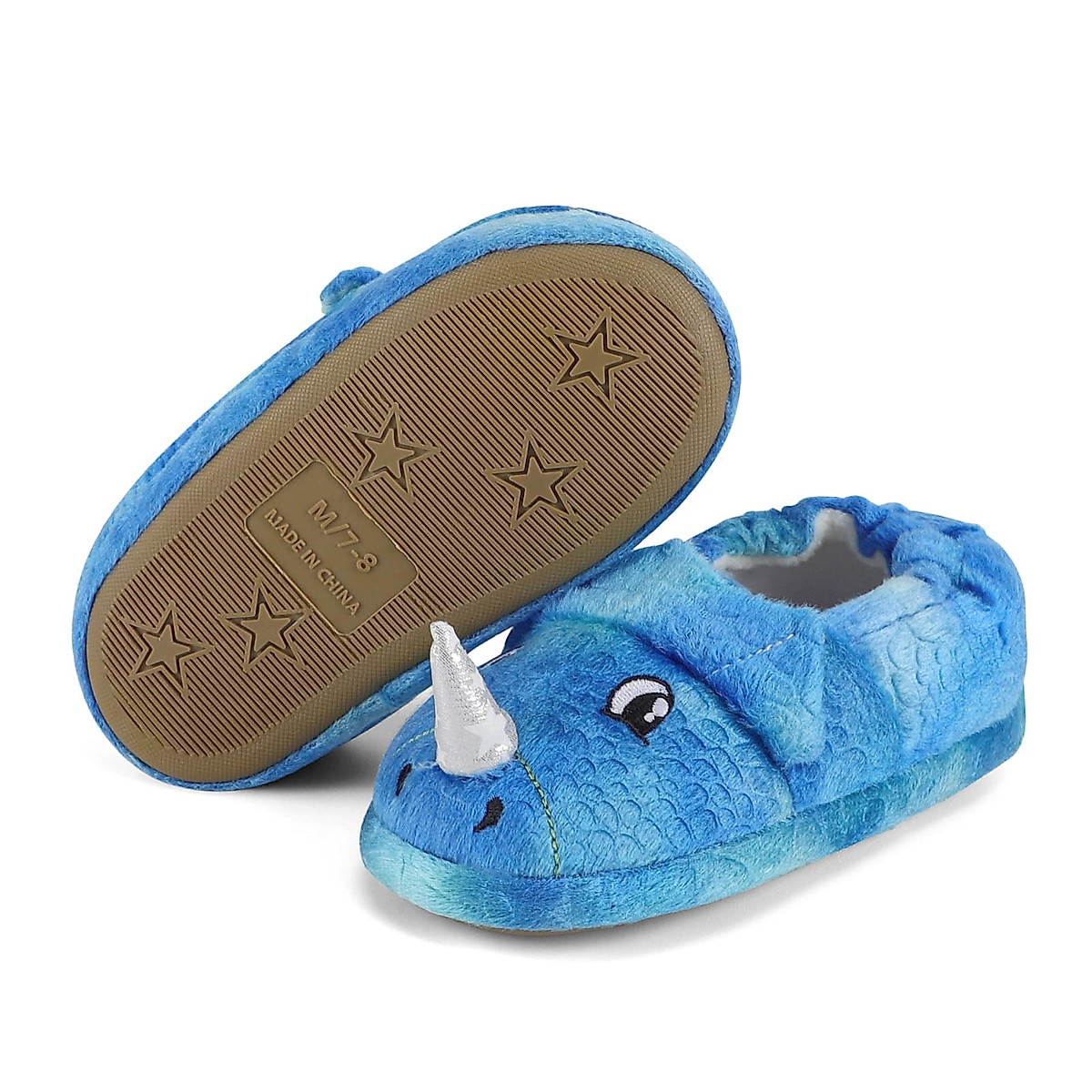 KAKU NANU Kids Slippers Cozy Animal Slippers for Boys Girls, House Indoor Non-Slip Rubber Sole Warm Memory Foam Shoes (7-8 Toddler,Blue)