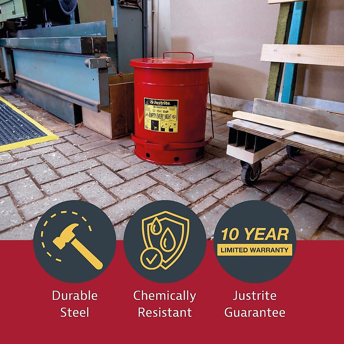 Justrite 10 Gallon Galvanized Steel Oily Waste Can, 18" x 14" Metal Oil Rag Safety Can With Foot Operated Self-Closing Lid for Oil Rag Disposal, Made in the USA, Red, 09300