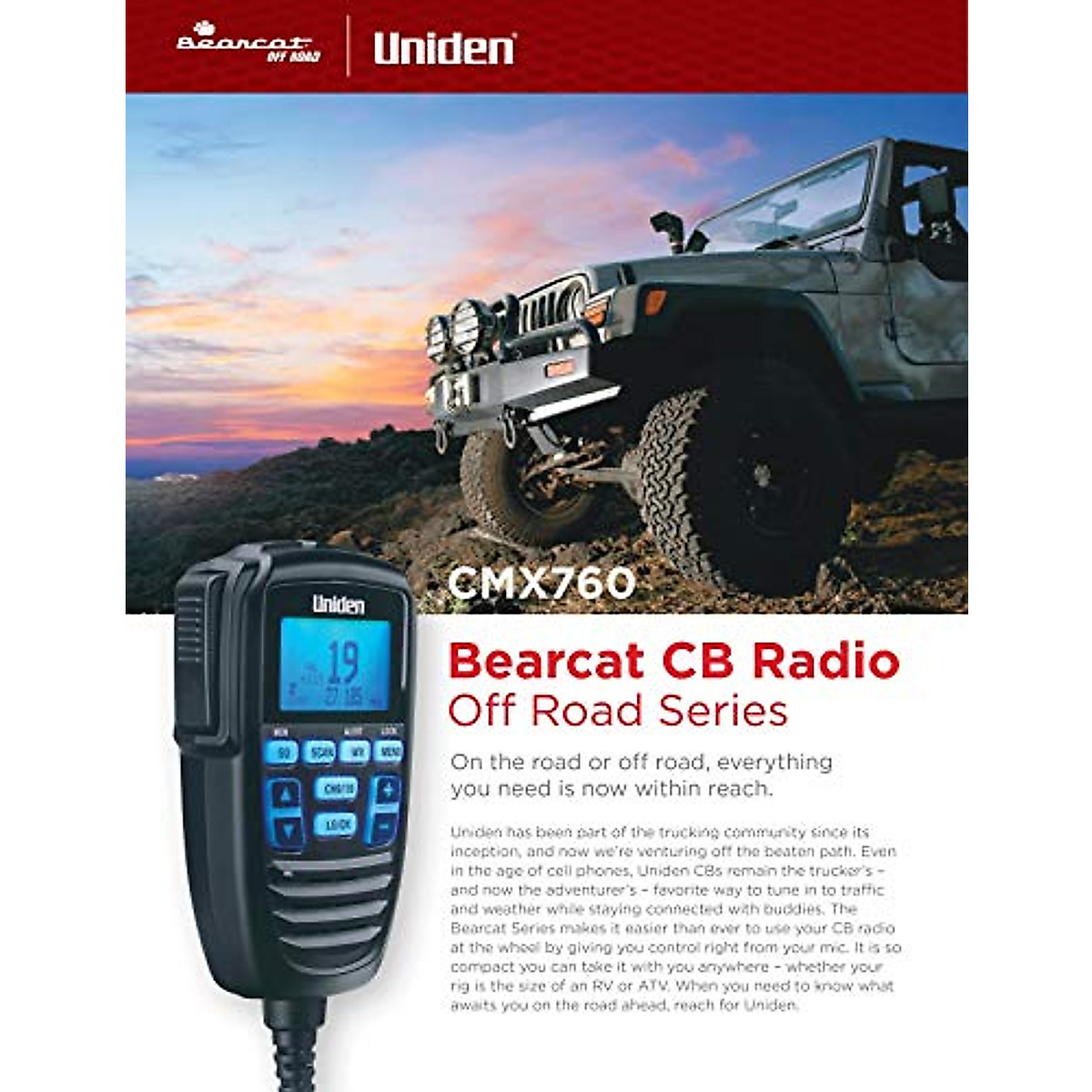 Uniden CMX760 Bearcat Off Road Series Compact Mobile CB Radio, 40-Channel Operation, Ultra-Compact for Easy Mounting, Large 7-Color Backlit LCD Display on Mic with Built-in Speaker Mic, Black