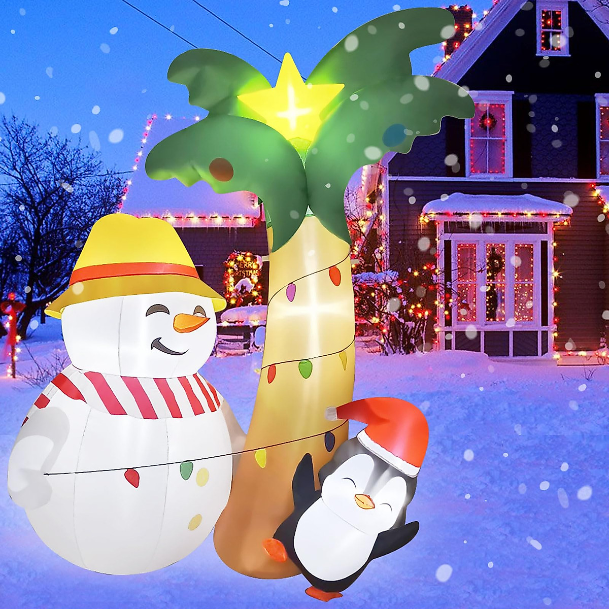 7FT Outdoor Inflatables Palm Tree,Funny Outdoor Inflatable Tree Hawaiian Snowman and Penguin Lighted,Cute Holiday Blow Up Outside Yard Decoration