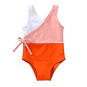 YOUNGER TREE Toddler Girl One Piece Swimsuit Color Block Stripe Swimwear Summer Beach Bathing Suit 12M-5T (2-3T, Orange White)