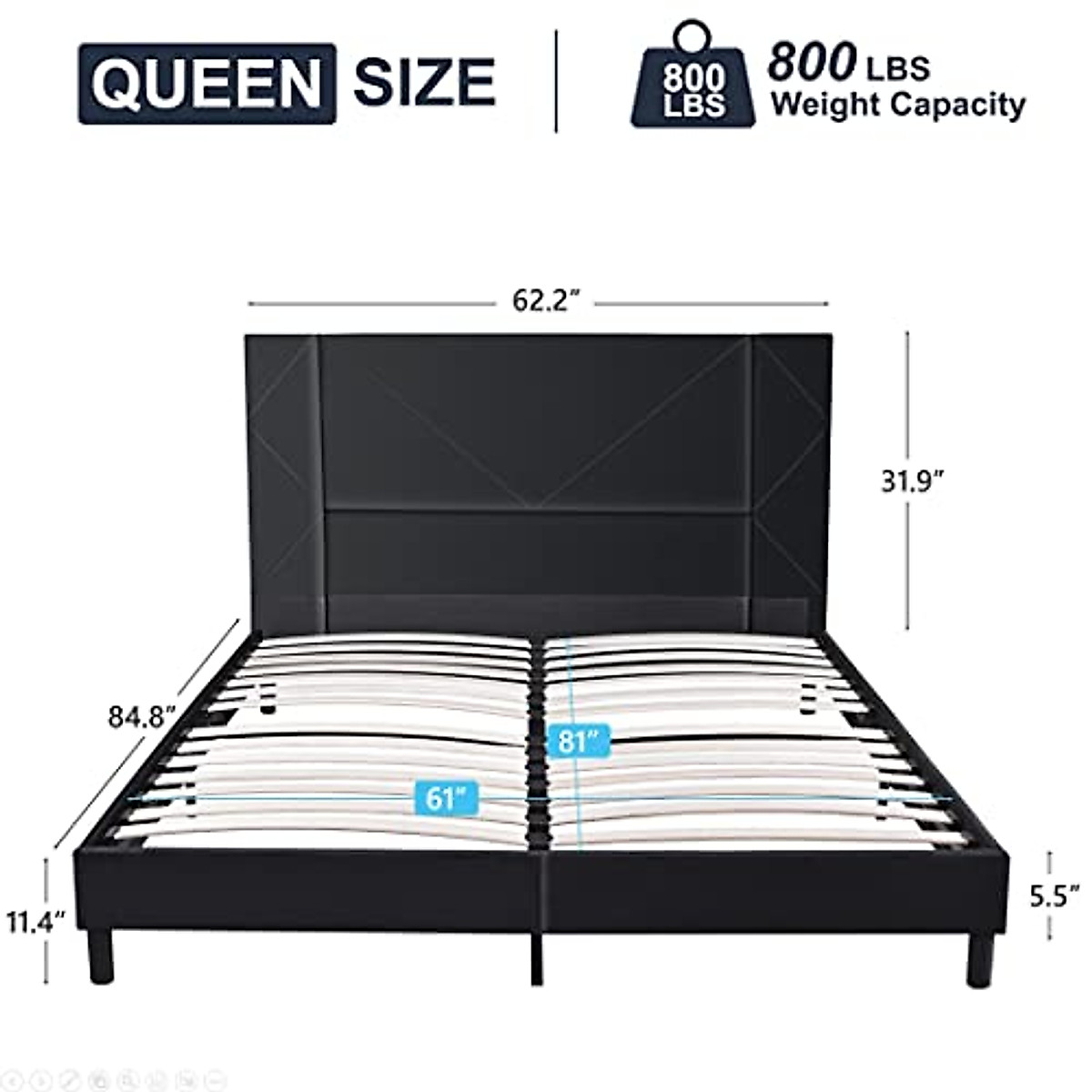 ASECAM Queen Size Bed Frame, Black Velvet Upholstered Platform Bed with Full Headboard, Mattress Foundation, Strong Wood Slat Support Bed Frames, No Box Spring Needed, Noise Free,Easy Assembly