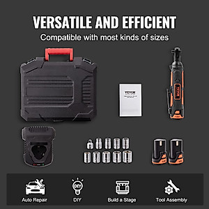 VEVOR 3/8" Cordless Electric Ratchet Wrench Set, 33 Ft-lbs 12V Power Ratchet Tool Kit with 45-Min Fast Charge, 2-Pack 2.0Ah Battery, Built-in LED Light, Variable Speed Trigger, 10 Sockets