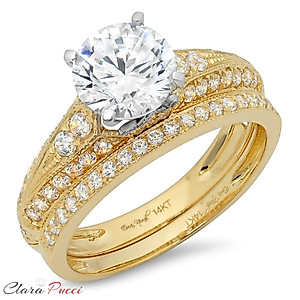 1.99 ct Round Cut Clear Simulated Diamond 14k Yellow White Gold Solitaire W/Accents Wedding Bridal Ring Band Set Sz 9