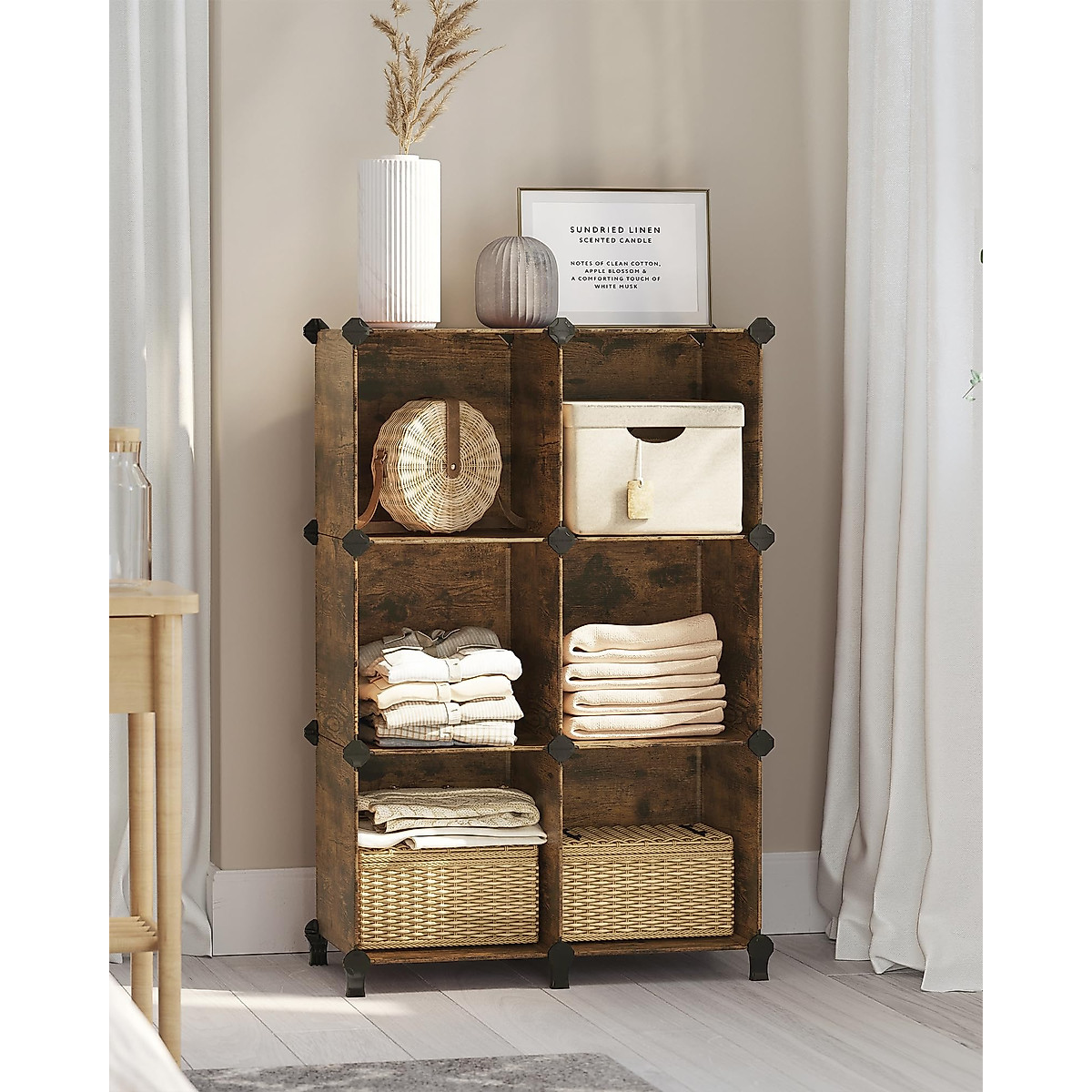 SONGMICS 6 Cube Storage Organizer, DIY Closet Shelf, Plastic Clothes Organizer, Modular Bookcase, 11.8 x 11.8 x 11.8 Inch Cubes, with Feet and Rubber Mallet, Rustic Brown ULPC111A01