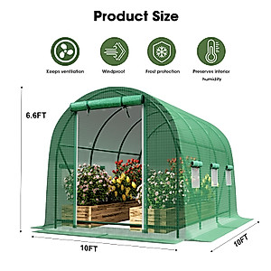 Walk-in Tunnel Greenhouse，Portable Plant Hot Housewith Dual Zippered Screen Doors & 6 Screen Windows Heavy Duty Plastic Plant Warm House with Reinforced Frame (10x10x6.6 FT)