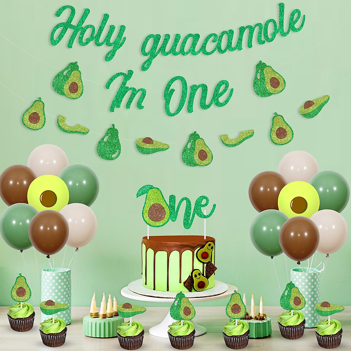 Sursurprise Avocado 1st Birthday Decorations, Holy Guacamole I’m One First Birthday Banners, Fiesta Avocado Fruit Cake Cupcake Toppers Balloons, Cinco De Mayo One Year Old Bday Party Decor Supplies