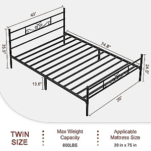 Pliwier Twin Size Metal Platform Bed Frame,14" High Bed Frame with Headboard, Premium Steel Slat Support, No Box Spring Needed, Anti-Slip, Easy Assembly