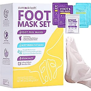 Foot Masks Puresoak Bath Foot Peel Mask (2 Pairs) + Moisturizing Foot Mask (2 Pairs) with 1Pack Epsom Salt Foot Spa Bath Kit Gift Set | Lavender Bliss Foot Peel Mask Lemongrass & Aloe Moisturizing Mask Foot Relaxing Soft Treatment for Women & Men Foot Car