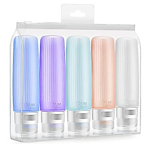 FUNAURORE Travel Bottles for Toiletries, 3 OZ Tsa Approved Travel Size Containers with Labels, Silicone Leak Proof BPA Free Squeezable Travel Essentials for Shampoo, Conditioner,Lotion (5 Pack)