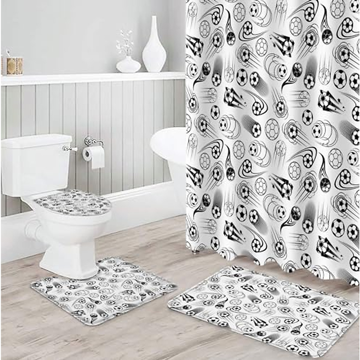 Minimalist Football Bathroom Set with Shower Curtain and Rug and Accessories,66x72 Inches Long Bathtub Curtain with Small Bath Mat,Bathtub Floor Runner Rug Set,12 Hooks Sports Theme Black White