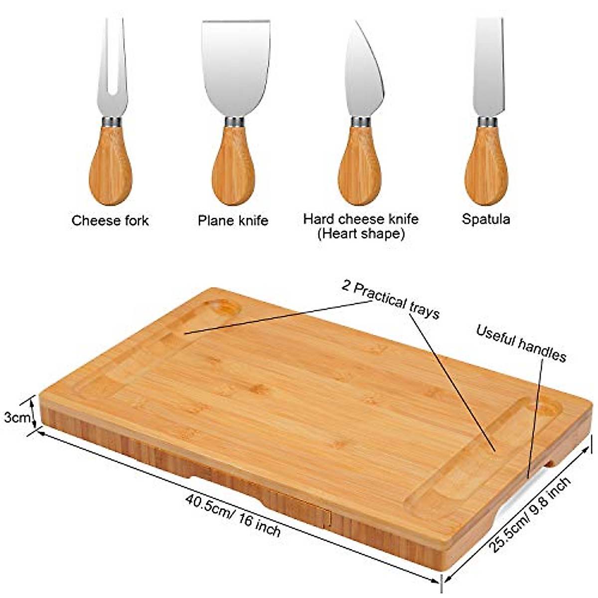 Bamboo Cheese Board Set with Drawer Wooden Charcuterie Tray Platter Including 4 Stainless Steel Knife and Serving Utensils, Gift Idea for Birthdays, Wedding Registry, Housewarming