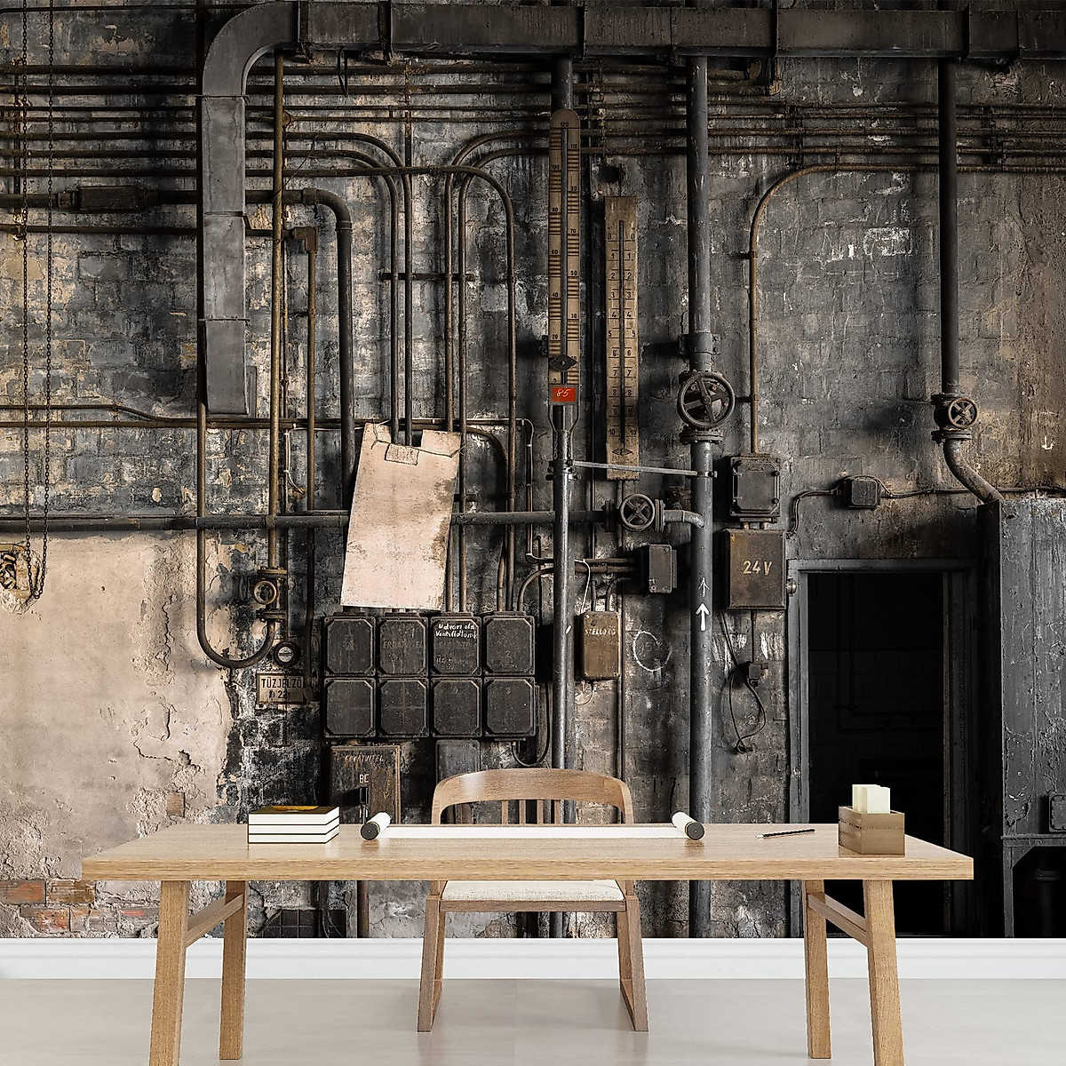 wall26 - Dark Industrial Interior of an Old Building - Removable Wall Mural | Self-Adhesive Large Wallpaper - 100x144 inches