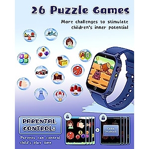 Dolwenqi Kids Smart Watch Boys Toys Age 5-12, 26 Puzzle Games Habit Clock Camera Music Player Flashlight Pedometer 12/24 hr Watches for Kids Birthday Gifts for 6 7 8 9 10 Year Old Boys Girls