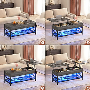 Besiost Coffee Table, Lift Top Coffee Table with Storage, LED Light & Power Outlet and Hidden Compartment, Retro Center Table for Living Room, X Support Wood Tabletop, Metal Frame, Black Oak