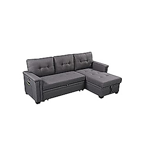 Lilola Home Nathan Dark Gray Reversible Sleeper Sectional Sofa with Storage Chaise, USB Charging Ports and Pocket
