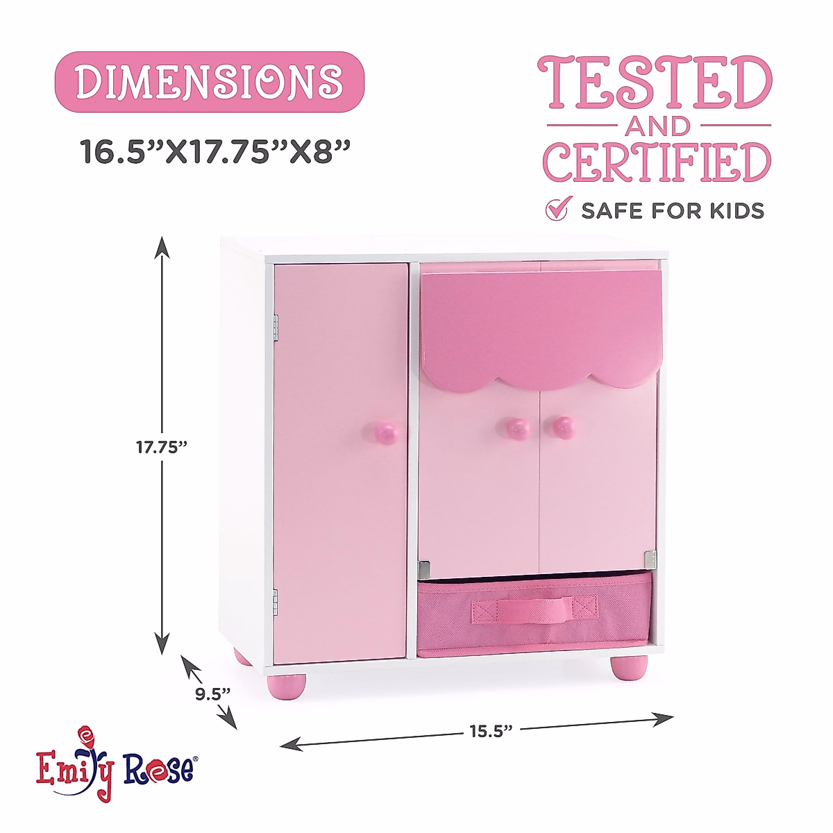 Emily Rose | USA Business | Space Saving 18 inch Doll Murphy Bed Furniture Closet Value Set, with 5 Hangers & Clothes and Accessories Storage Bin | Mom's Choice Award Winner! | Fits 14-19 inch Dolls